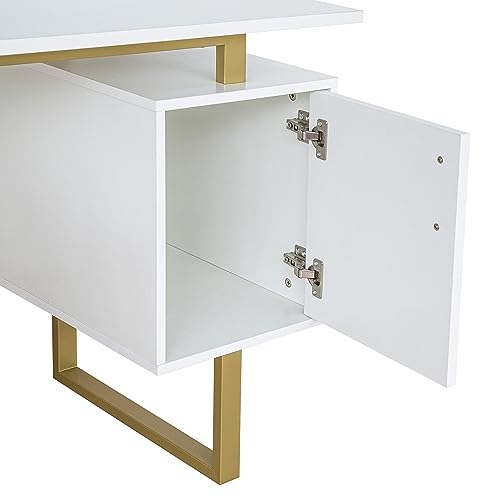 Techni Mobili Storage Drawers and Cabinet 51.25β W-Modern Office Large Floating Desktop Surface Desk, 23.6" D x 51.2" W x 29.8" H, White/Gold