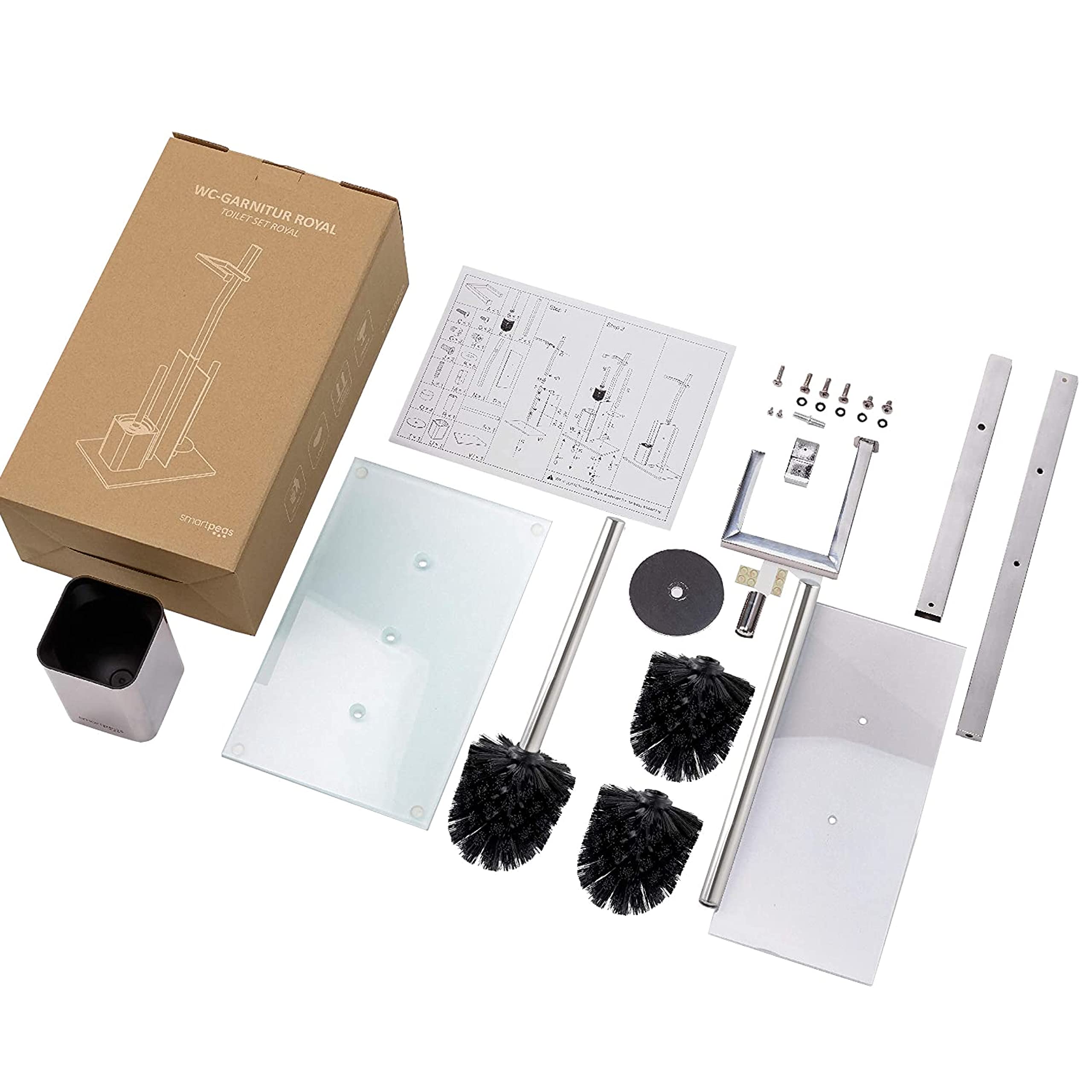 WC Set with roll Holder - Shiny Chrome - Toilet Paper Holder - Stainless Steel Chrome-Plated - Glass Base - Dim: 32x20x70cmβ Easy Installation β Plus: 1+2 Extra Toilet Brush Heads for Exchange!