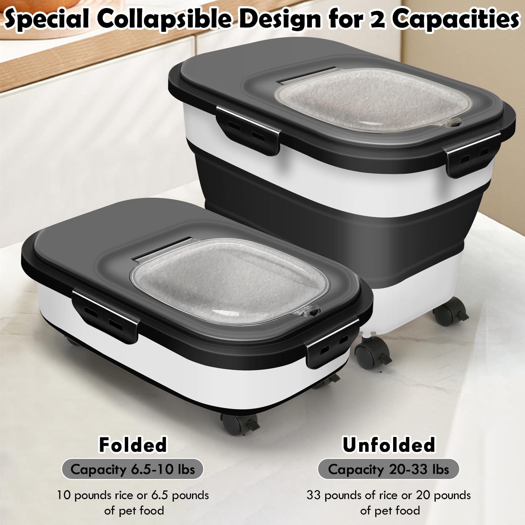 Rice Storage Container, 20-30Lbs Airtight Large Dog Cat Food Storage Containers with Wheels, Scoop & Measuring Cup, Collapsible Kitchen Flour Bin, Dry Food Storage Holder for Rice Kibble Pet Food
