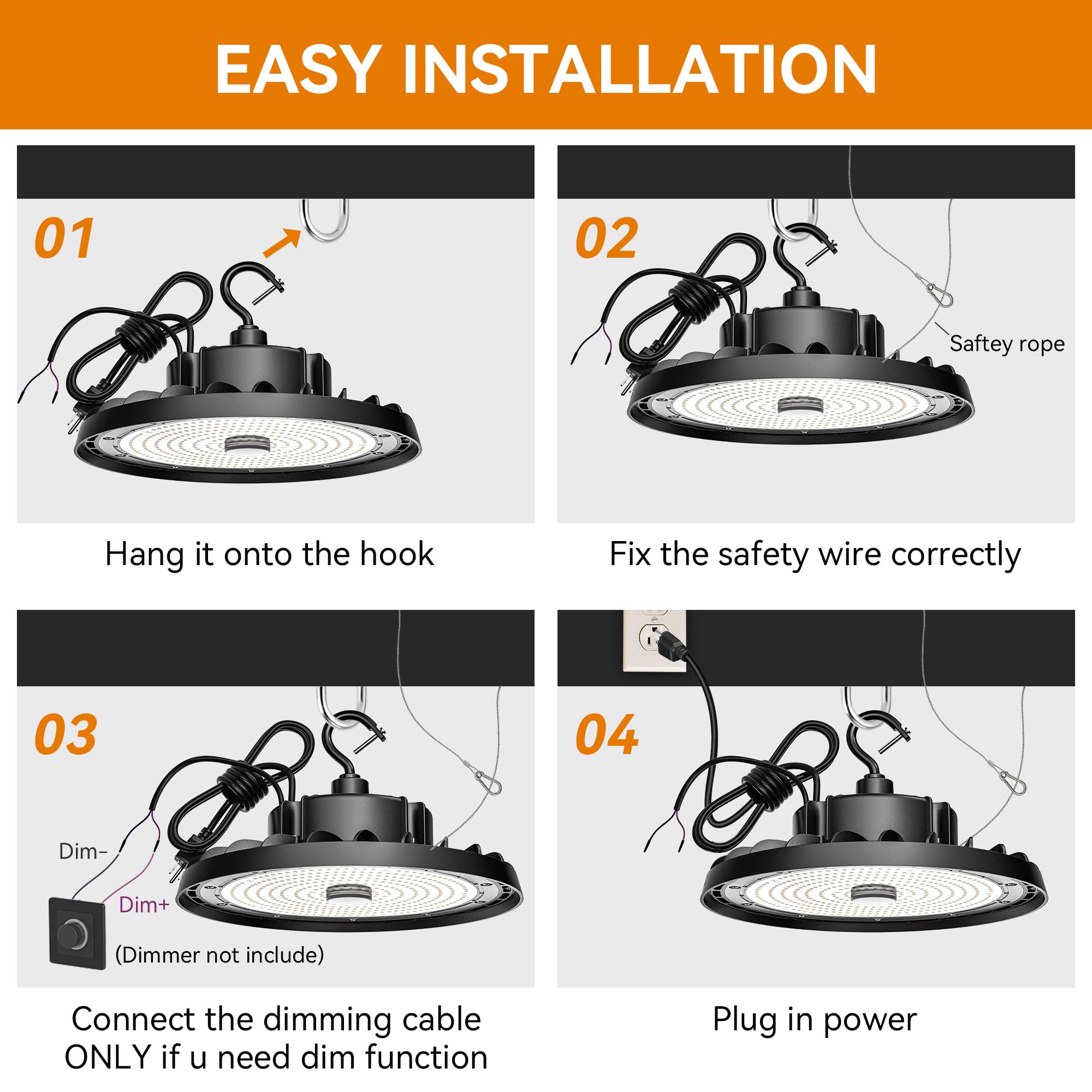 SHINEWOO UFO LED High Bay Light 240W 36,000lm 5000K Daylight, High Bay LED Shop Light 0-10V Dimmable with US Plug 5β Cable, Commercial LED Warehouse Lights, Factory Area Lighting Fixture, 2PCS
