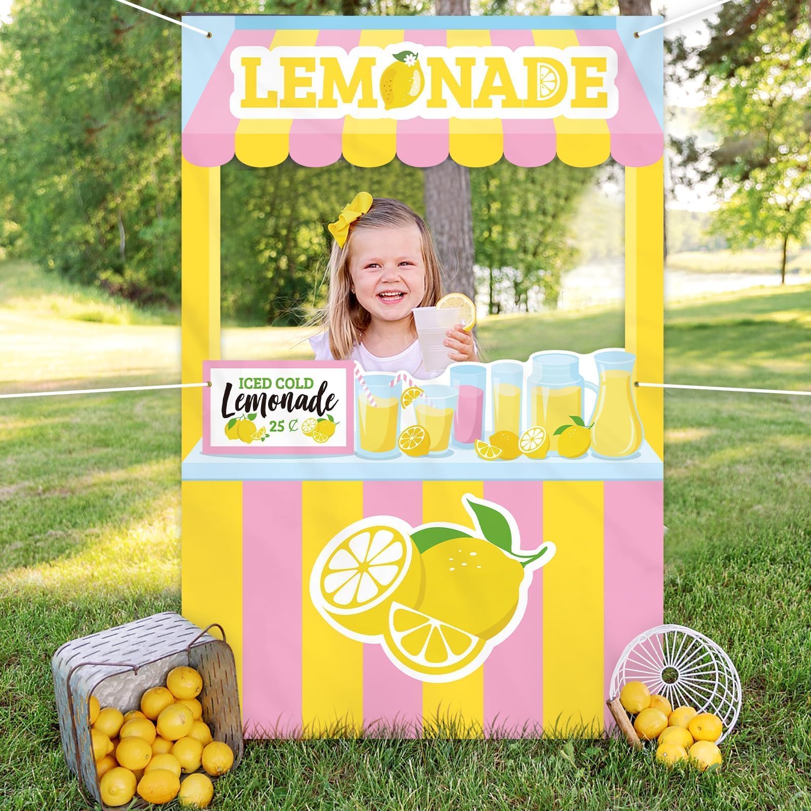Vansolinne Lemon Party Supplies Lemonade Stand Backdrop Banner Lemon Photo Booth Props Decorations Fabric Selfie Frame Prop for Summer Birthday Bridal Baby Shower Supplies