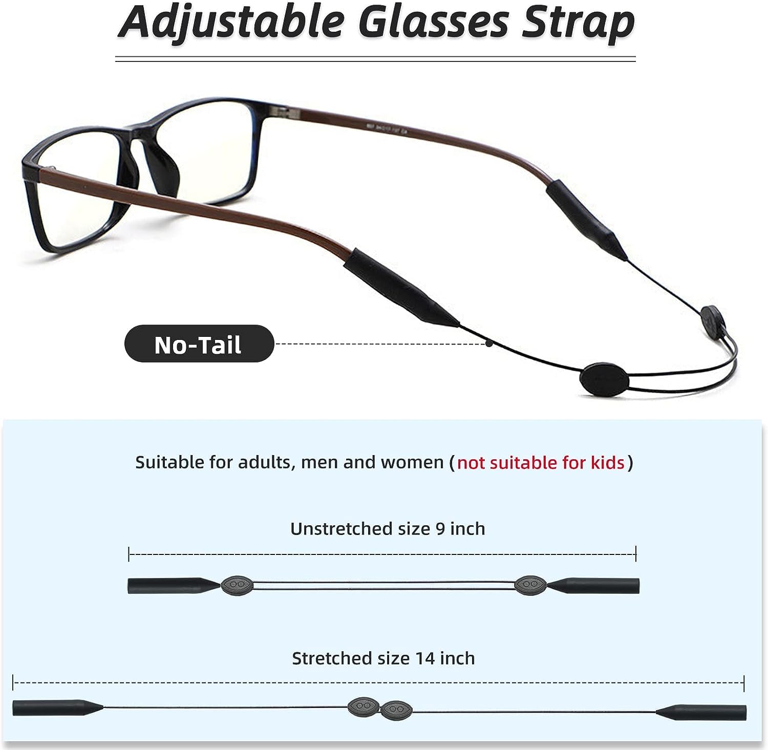 Maitsol Glasses Strap (4 PCS) - No Tail Sunglasses Strap - Adjustable Eyeglasses Strap - Eye Glasses Holder Around Neck, Sports Eyewear Retainer Glasses Strap for Men Women 14Inch(Black)