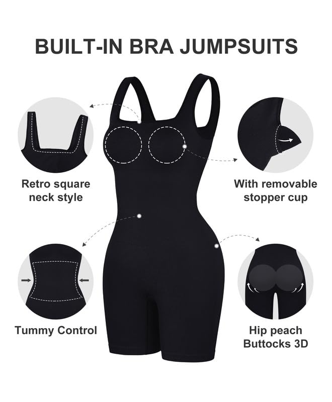 Popilush Jumpsuits for Women Built-In Sports Bra Ribbed Short Casual Summer Square Neck Rompers Sleeveless Yoga Outfits Workout Sets Black M