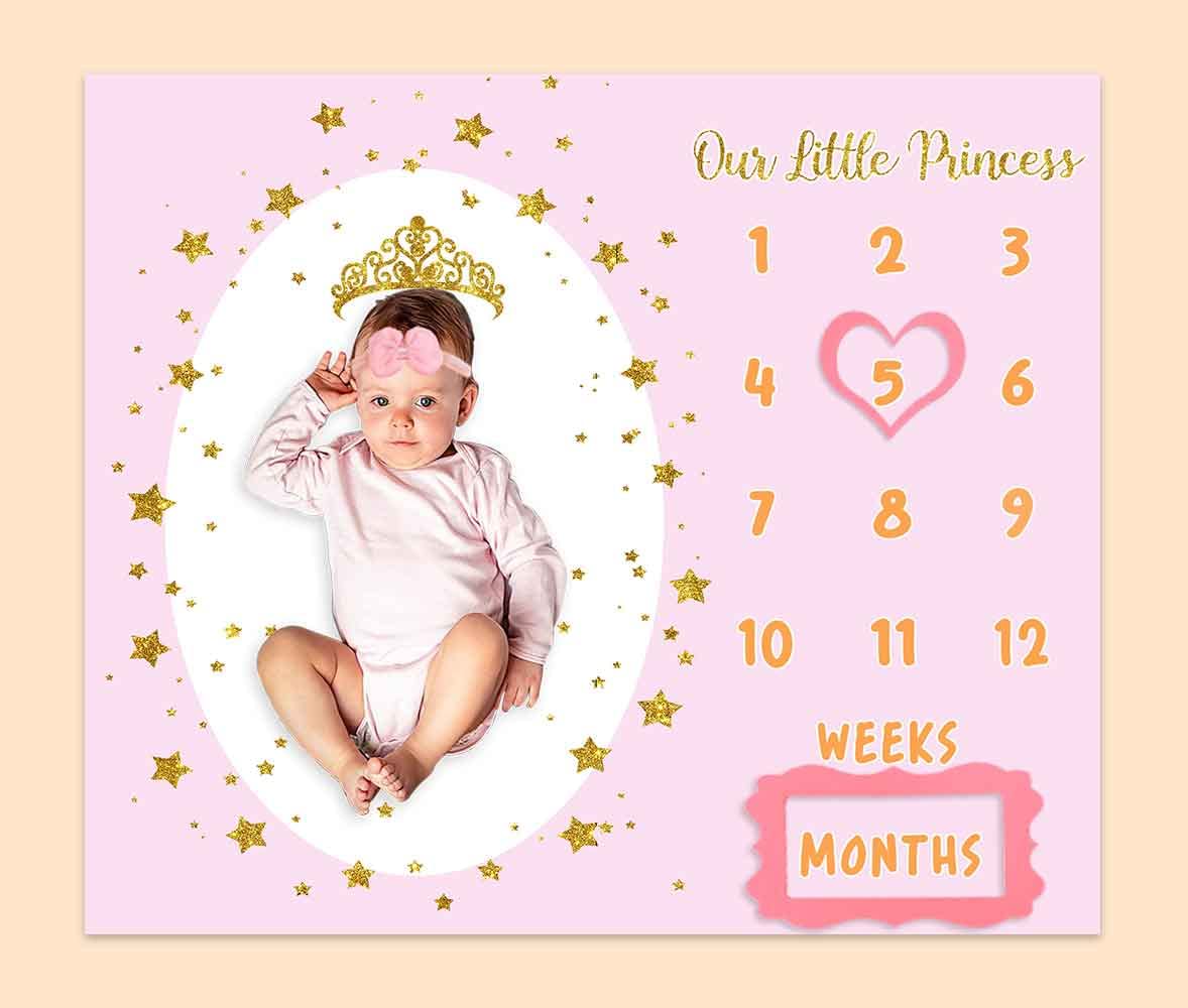 PHMOJEN Monthly Milestone Blanket for Baby Girl, 48"x40" Soft Flannel Pink Princess Memory Growth Blanket, Photography Backdrop Prop for Newborn Baby Shower, 1 to 12 Months Include Marks BTLSPH819