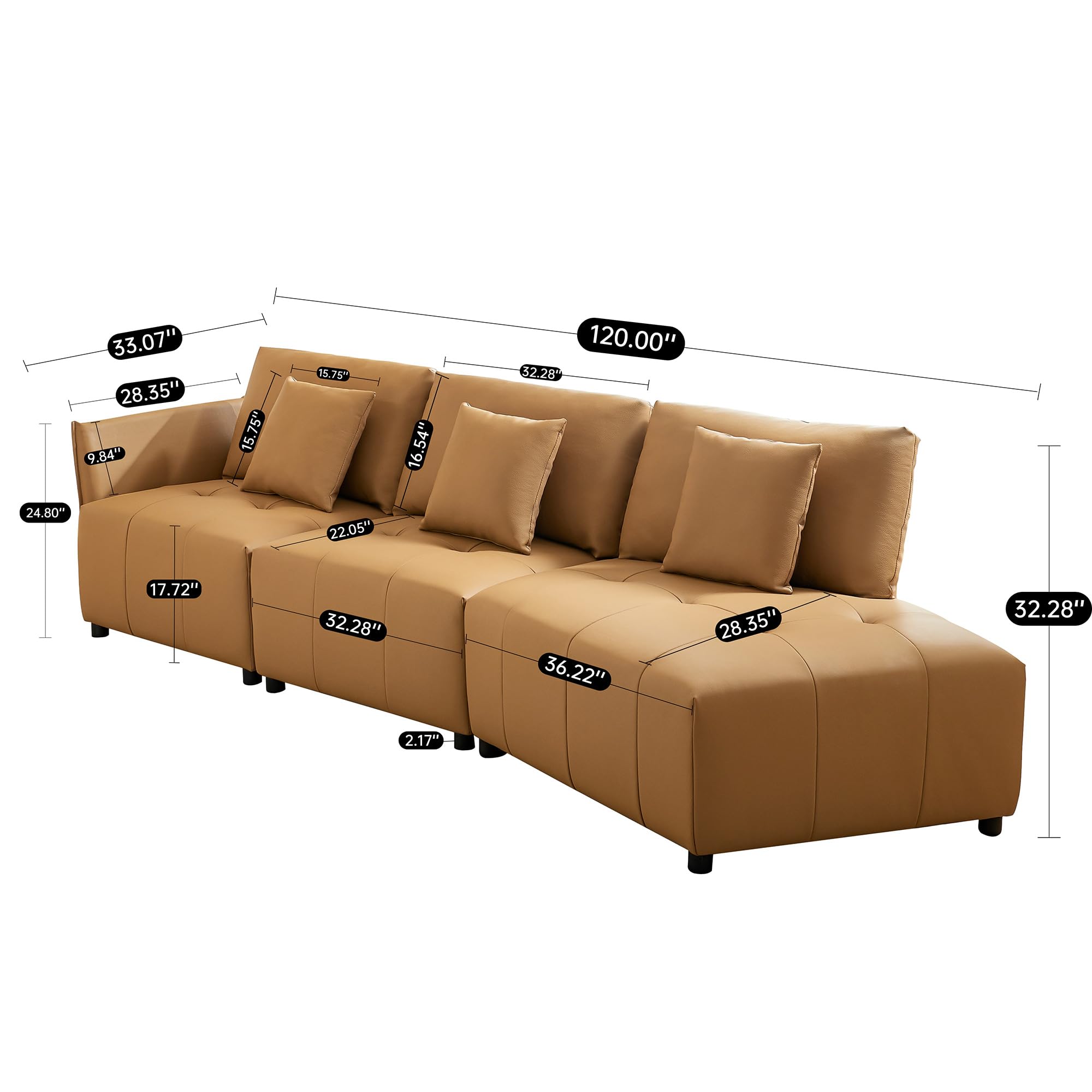 VnndeNest 120'' Sectional Sofa Couch, Genuine Leather Modular Sofa with Pillows, Ergonomic Modern Curved Couch, L-Shaped Couch with Chaise Lounge, 4-Seater Sofa Couch for Living Room, Apartment, Brown