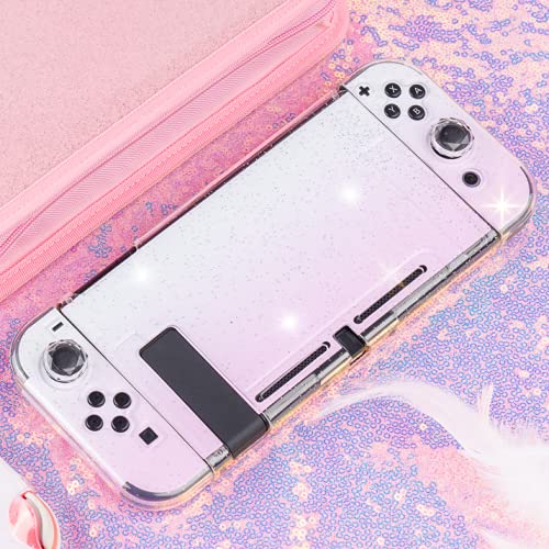 Glitter Switch Bundle | Gradient Shiny Clear Case with Cute Pastel Sticker Wrap Vinyl Decal Crystal Thumb Grips | Compatible with Nintendo Switch (Switch Standard, White Pink)