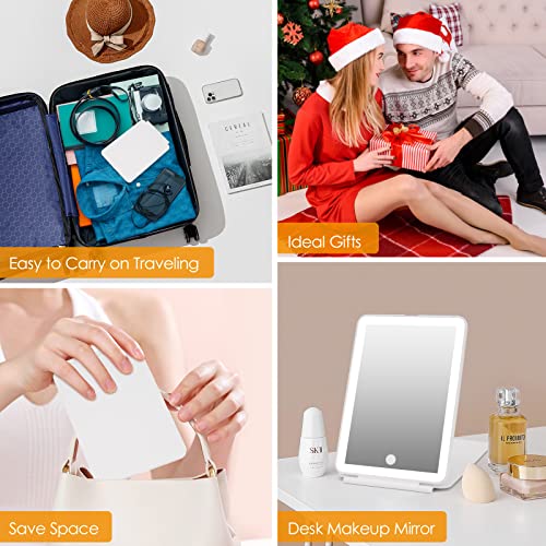 Rechargeable Travel Makeup Mirror 72 LED Lighted Makeup Mirror Travel Mirror Compact Slim LED Vanity Mirror with Lights Lighted Makeup Mirror with 3 Lighting Modes Dimmable Touch Screen (White)