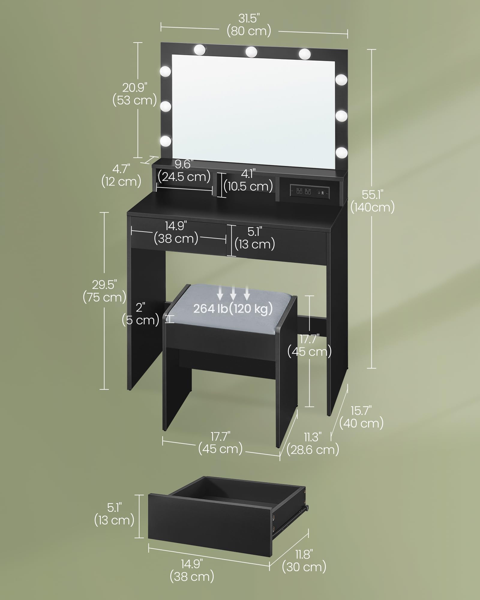 VASAGLE Vanity Desk with Power Outlets, Makeup Vanity with Mirror and Lights, with Upholstered Vanity Stool, 9 Dimmable LED Lights, 2 Compartments, 2 Drawers, for Bedroom, Ink Black URDT029B01