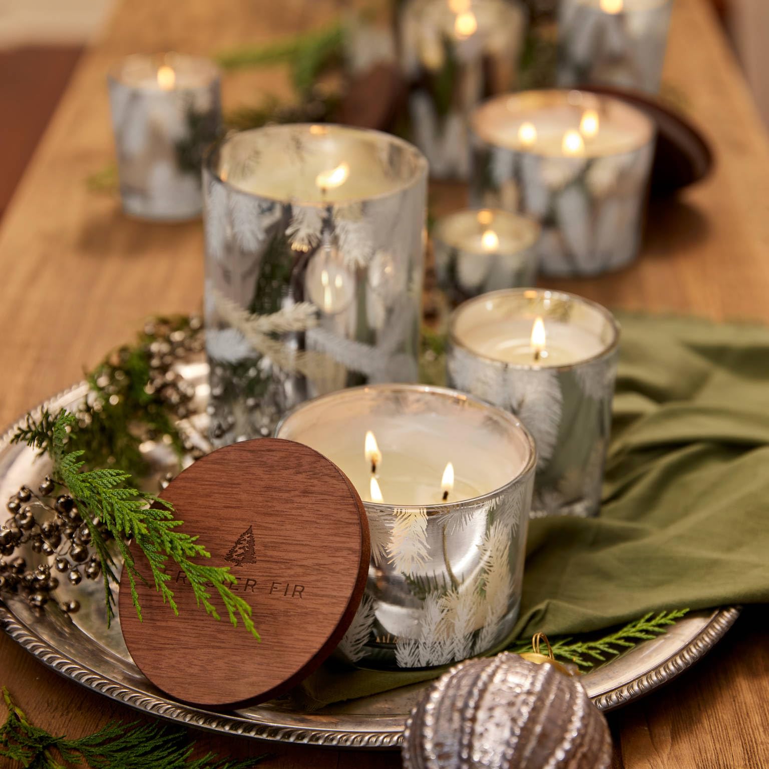 Thymes Luminary Frasier Fir Candle - Scented Candle - Luxury Home Fragrance - Home Decor & Bathroom Accessories - Frasier Fir Pine Scent - Silver Candle - 20 Oz