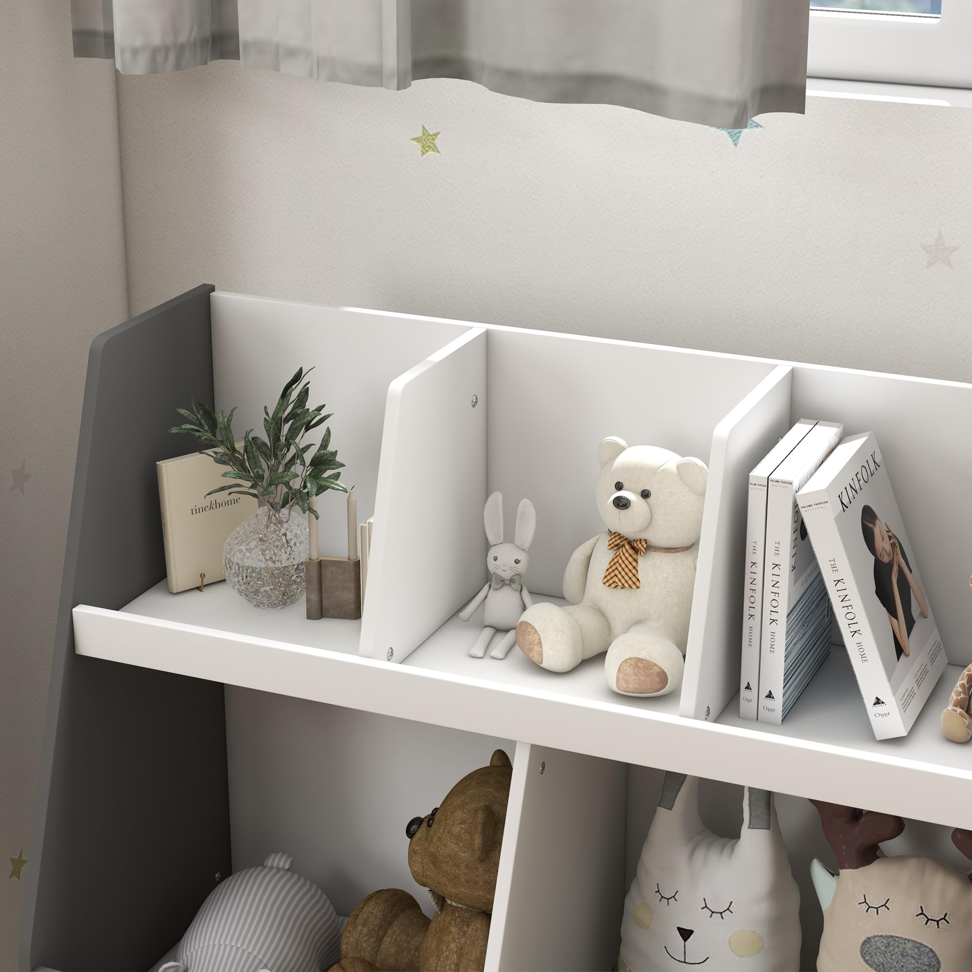 Qaba Kids Bookcase, 2 Tier Toddlers Toy Storage Organizer, Children Book Shelf with 5 Compartments, Anti-tip Device, Pine Wood Legs for Nursery, Playroom, Classroom, Gray