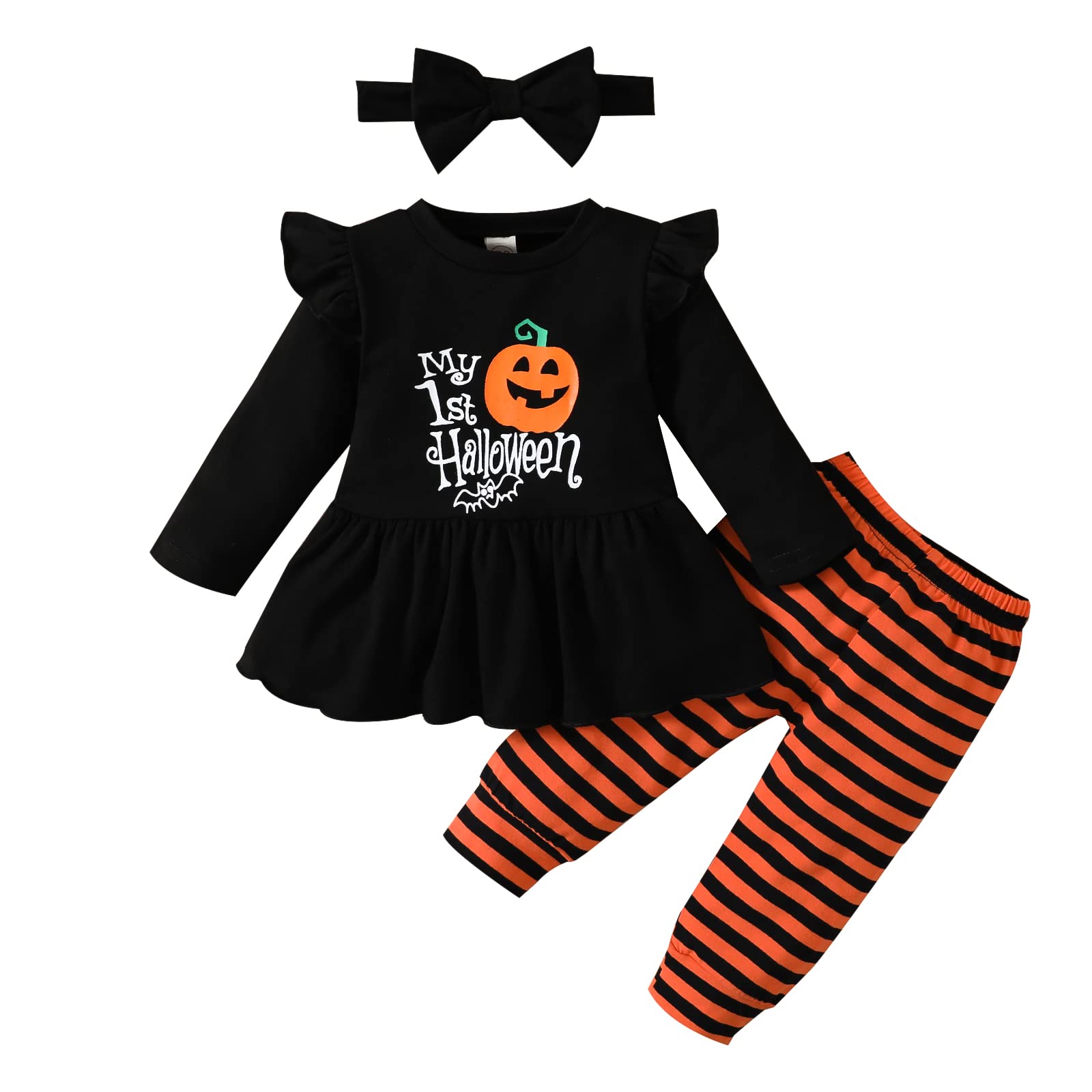 Noubeau My 1st Halloween Baby Girl Outfits Ruffle Pumpkin Print Tunic Drees Shirt Stripe Pants Legging Fall Winter Clothes(Black- A,6-12 Months)