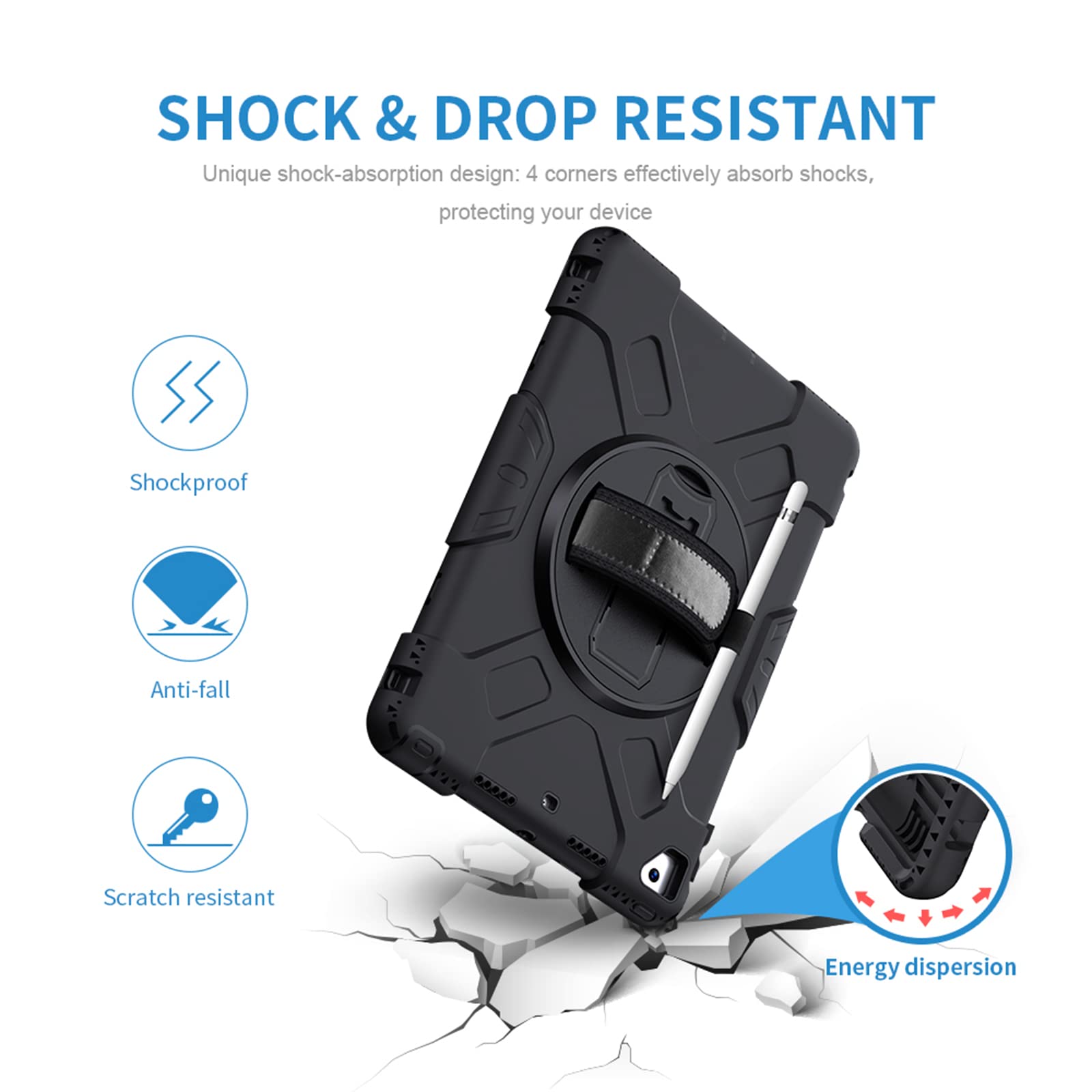 MR.HFSW Black Rugged 10.2 Inch Hard Case for Apple Ipad Protective Cover 7th 8th 9th Generation with Pencil Holder Travel Shoulder Carrying Hand Strap Stand Handle Extra Protection