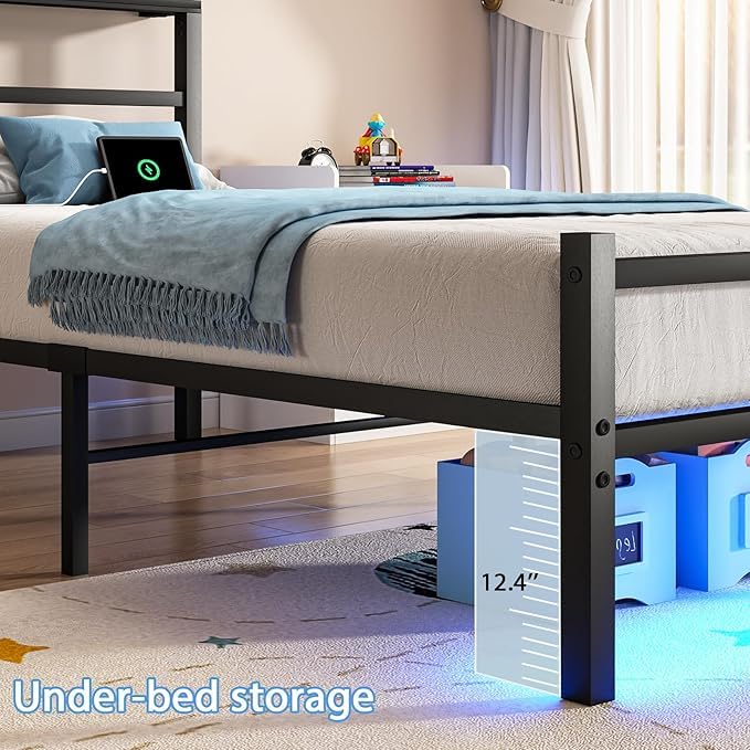 REVOMINCA Twin Bed Frame with Charging Station, Metal Platform Bed Frame with LED Lights, Storage Headboard, Heavy Duty Steel Slats, No Noise, Easy Assembly