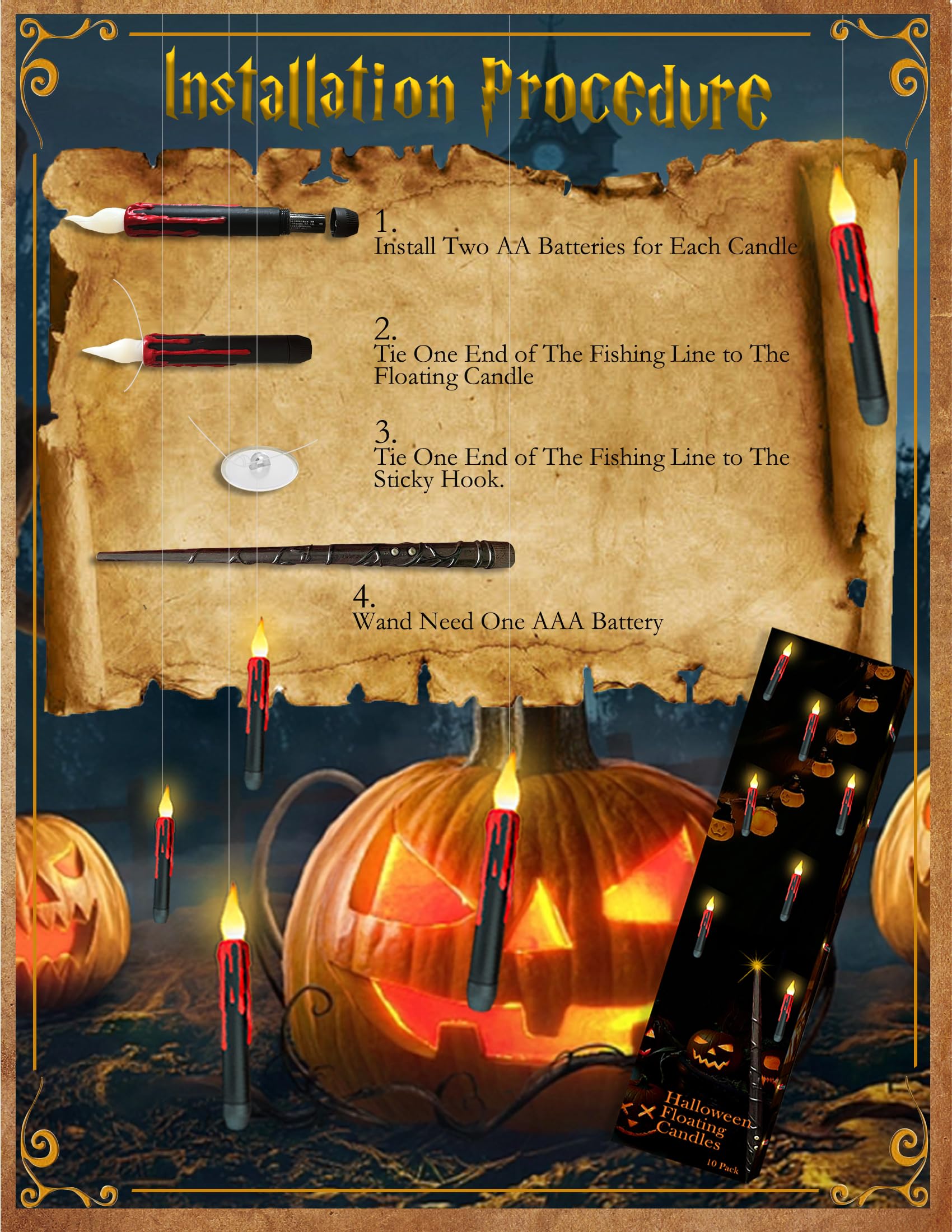 Qaeshi Floating Candles with Wand Remote, 10Pcs Magic Warm Flickering Flameless Hanging Candles,Battery Operated Window LED Taper Lights for Halloween Christmas Decor Home Party