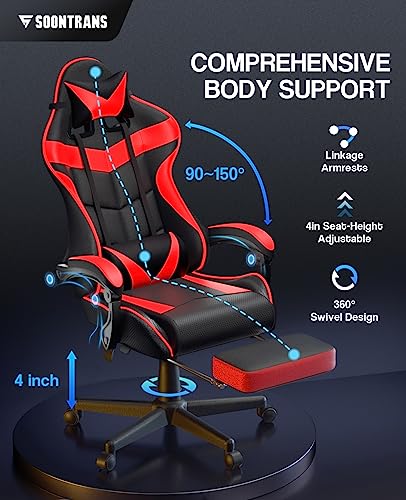 Soontrans Red Gaming Chairs with Footrest,Racing Gaming Chair,Computer Gamer Chair,Ergonomic Game Chair with Adjustable Headrest and Lumbar Support