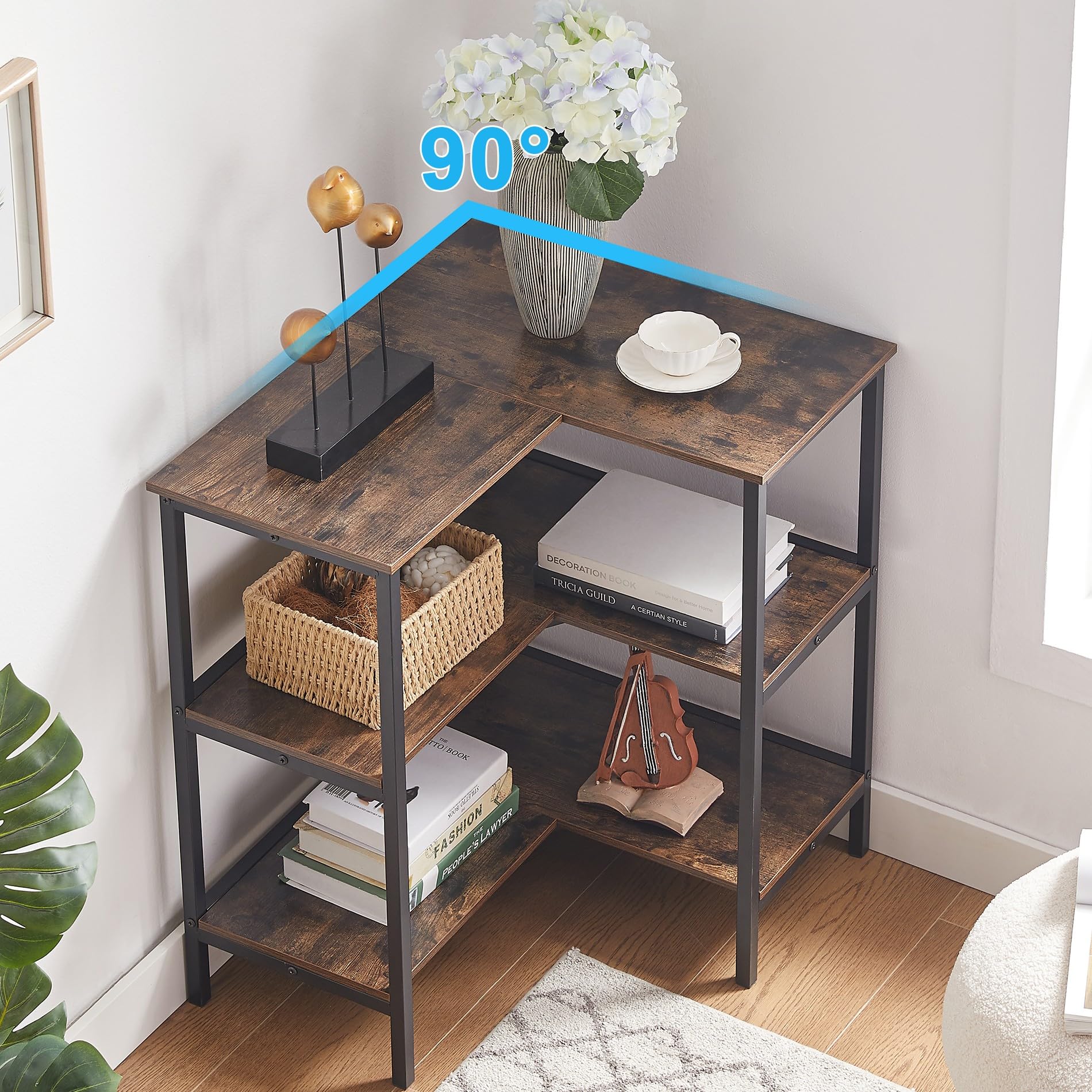 VECELO Corner Cabinet Table with 3 Tier Open Shelf, Multipurpose Display Organizer Storage Stand, for Small Space Living Room Home Office Kitchen, Brown