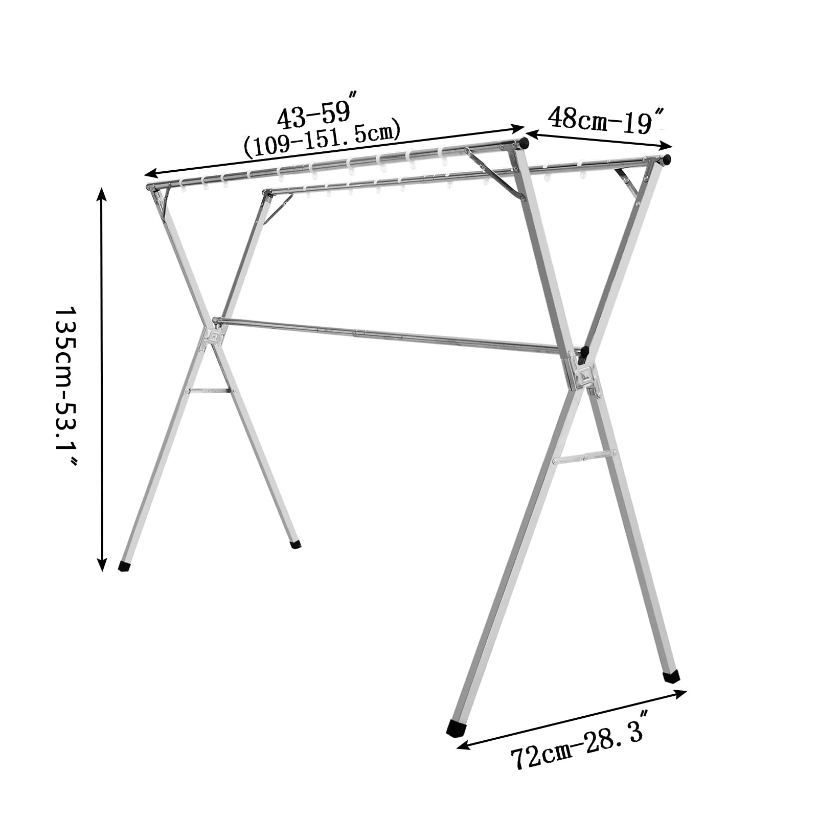 TORIBIO 59 Inch Clothes Drying Rack, Retractable Laundry Drying Rack Folding Indoor Outdoor, Length Adjustable Heavy Duty Stainless Steel Clothing Garment Rack with 20 Windproof Hooks