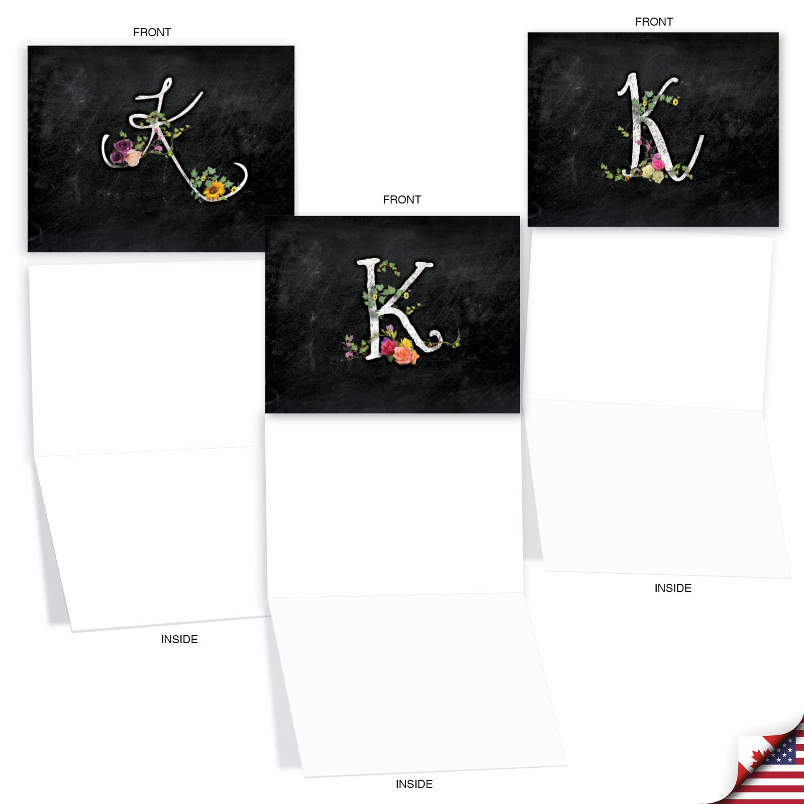 The Best Card Company - 10 Initial Letter K Assorted Blank Notecards, Floral Monogramed Personal Stationery w/Envelopes Bulk Box Set 4 x 5.12 Inch Thank You Notes - K Chalk and Roses M3795OCB-B1x10