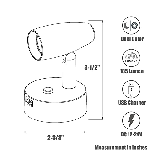 Obeaming RV Reading Light 12V Swivel LED Spotlight with Quick USB Charger& Blue Nightlight, Camper Van Travel Trailer Bed Reading Light, 12-24VDC Hard-Wired (Gloss Black)