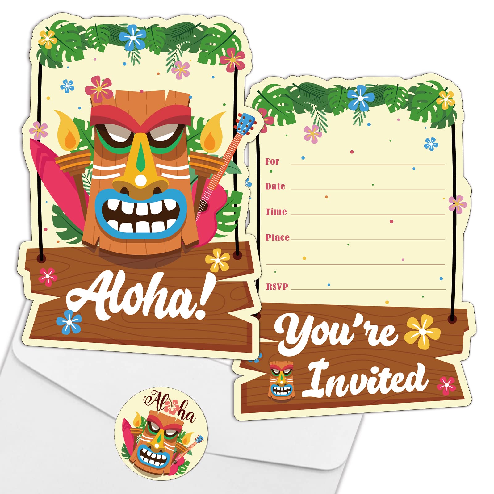 REWIDPARTY Aloha Luau Party Invitations with Envelopes & Stickers(Set of 15) Tiki Luau Shaped Fill-in Invitations Hawaiian Summer Party Invites Cards Tropical Hawaiian Beach Birthday Party Supplies