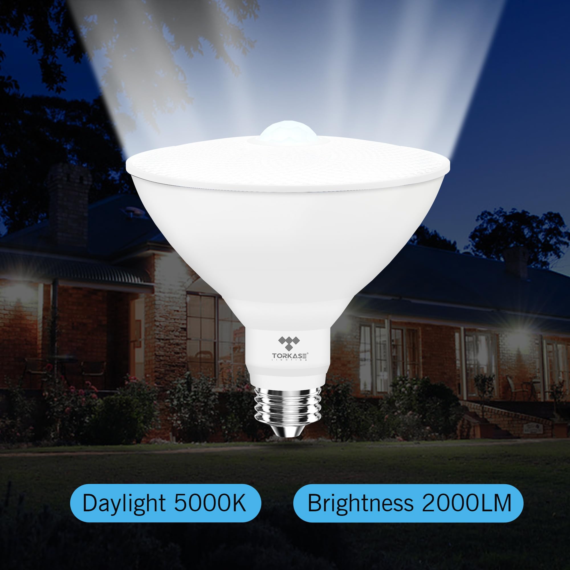 Torkase PAR38 Motion Sensor Flood Light Bulbs, Motion Activated Outdoor Lighting,200 Watt Equivalent(20W) 2000LM, 5000K Daylight,LED Flood Light for Backyard, Garage, Porch, Garden,2 Pack