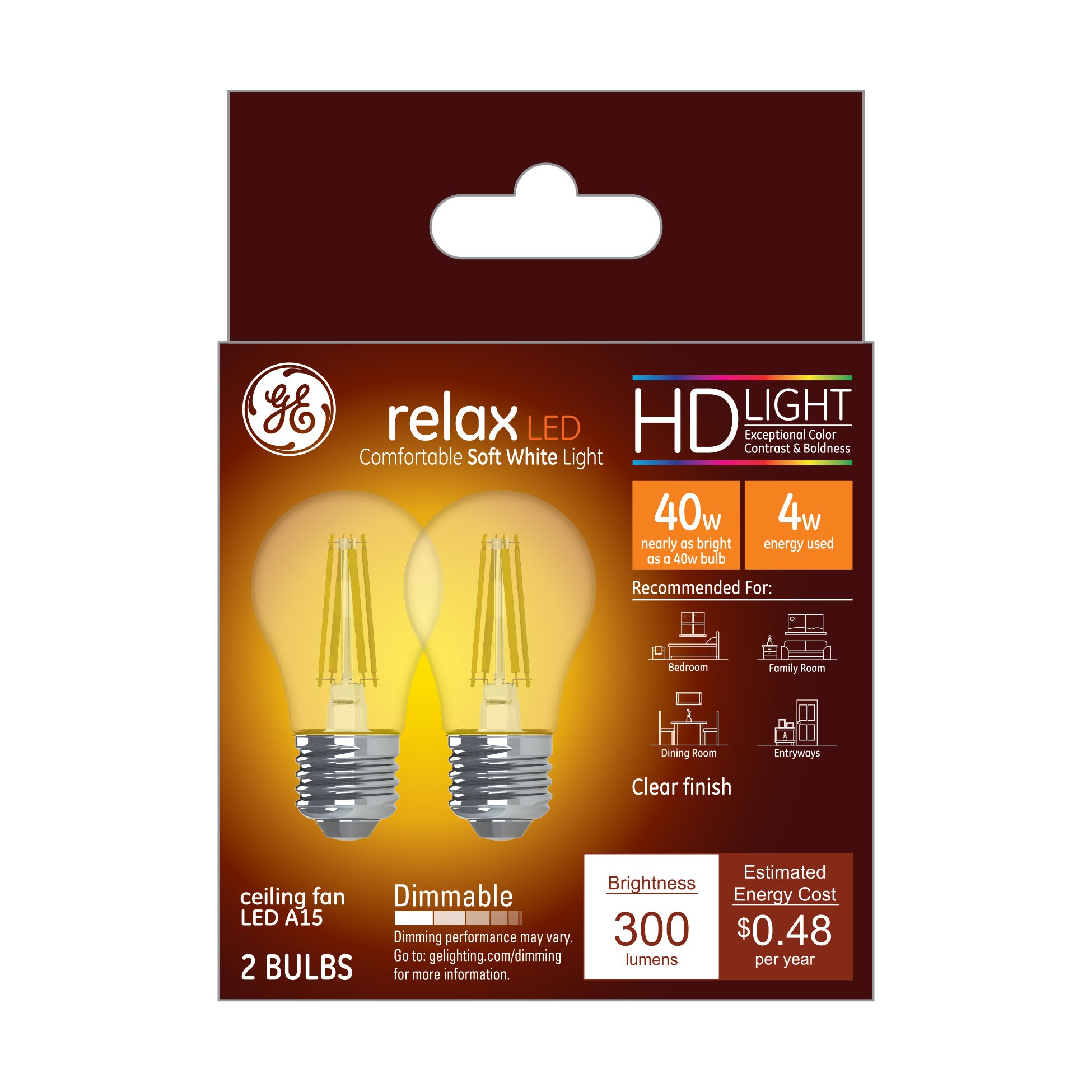 GE Lighting Relax LED Ceiling Fan Light Bulbs, 4 Watt (40 Watt Equivalent) Soft White HD Light, Medium Base, Dimmable (2 Pack)