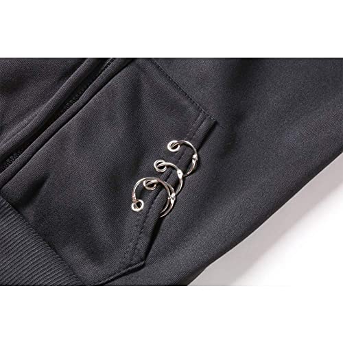 Women Gothic Punk Ring Front Zip up Long Sleeve Hoodie Sweatshirt Jacket Coat (L) Black
