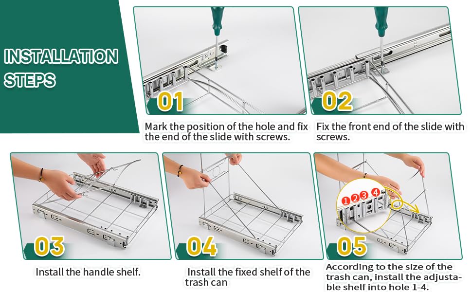 Pull Out Trash Can, Stainless Steel Kitchen Adjustable Trash Slide Out Shelf, Cabinet Trash Can Pull Out Kit, Fit 7-11 Gallon Garbage Can (Trash Can Not Included, Silver)