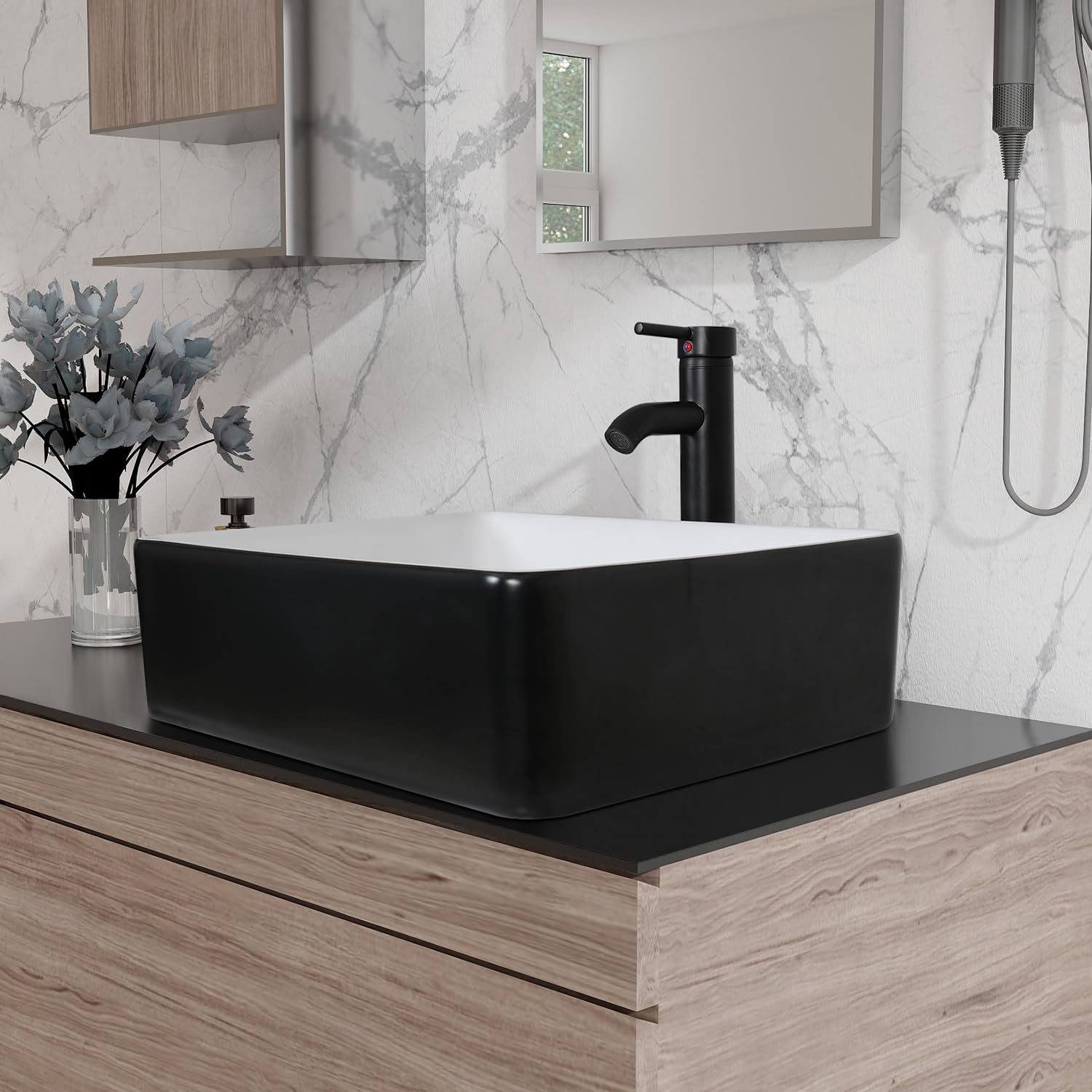 Puluomis Black and White Ceramic Bathroom Sink, 19" x 15" Above Counter Porcelain Vessel Sink with Black Faucet and Pop up drain Combo, Rectangle