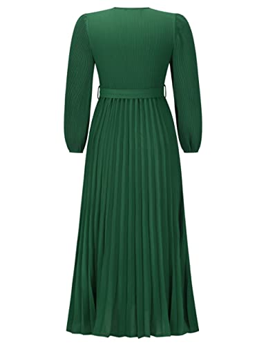 Women's Elegant Wrap V Neck Lantern Sleeve Belted Pleated Flowy Maxi Long Dress Wedding Guest Dress