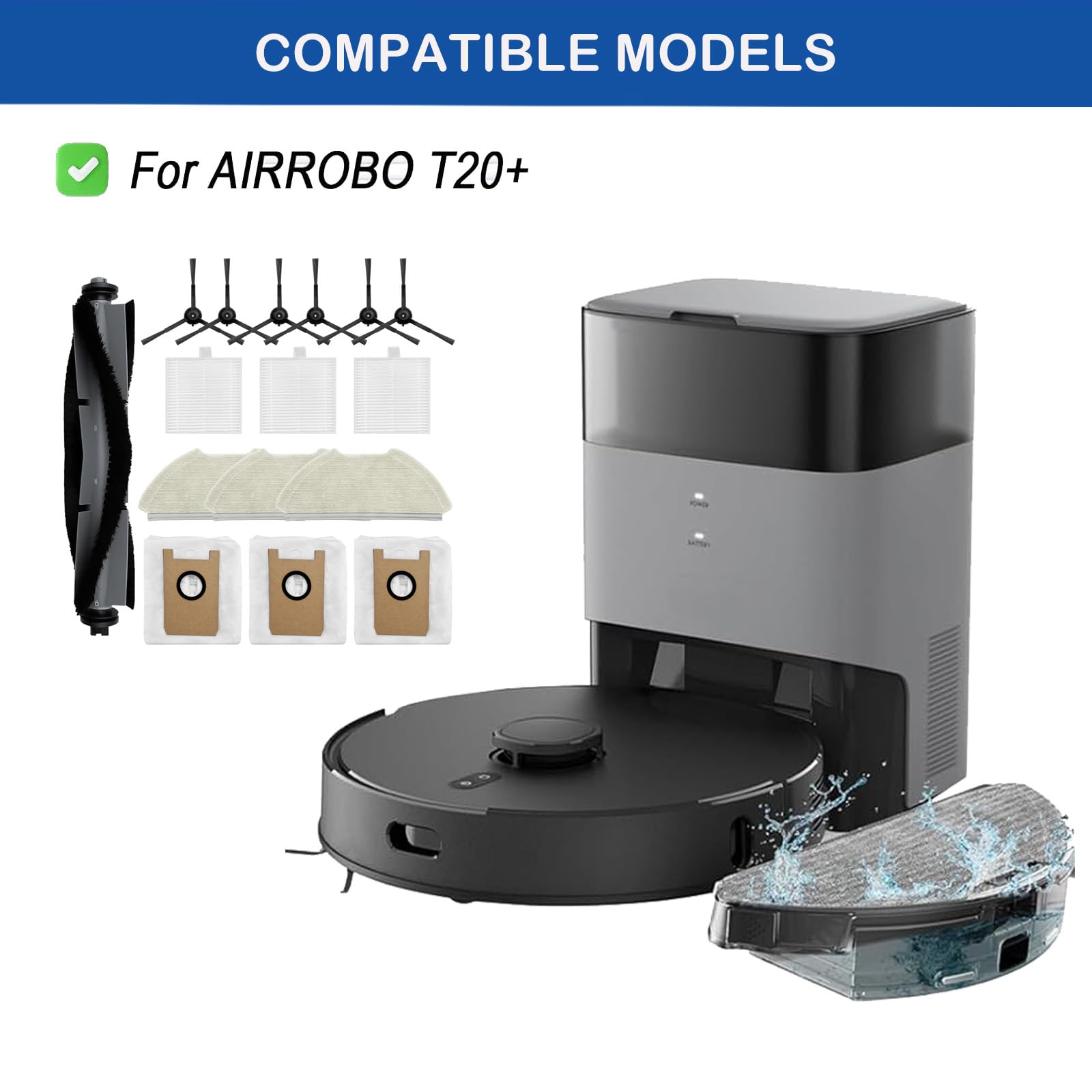 Replacement Parts for Airrobo T20+ Robot Vacuum Accessories Kit, Inclue1 Main Brush 3 HEPA Filters 3 Mop Pads 3 Dust Bags 6 Side Brushes(16 Pack )