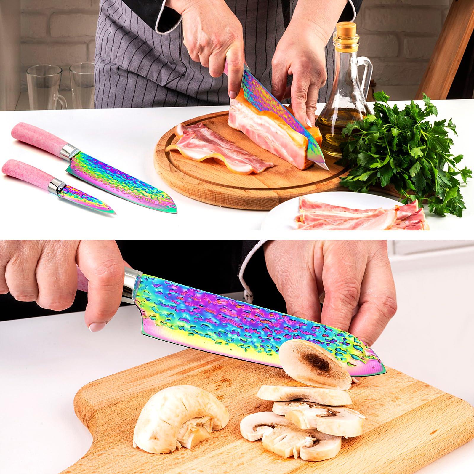 Rainbow Kitchen Knife Set Non Stick Knives with Wood Storage, Serrated Steak Knife, Chef Knife, Scissors with Built-in Sharpener, 14Pcs Ultra-Sharp Cutlery Block Sets for Home & Pro Use Best Gift