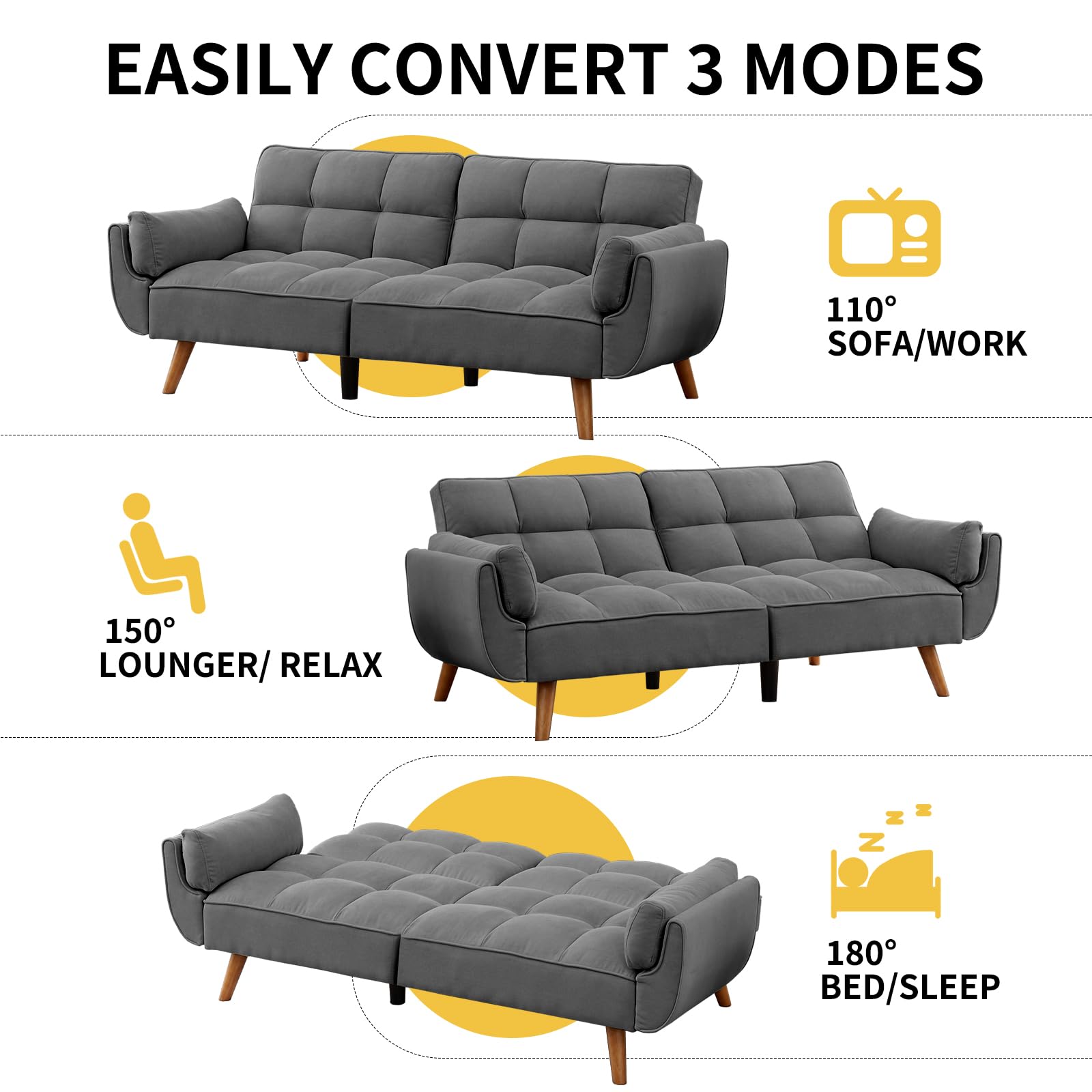 saows Futon Sofa Bed, Modern 75" Convertible Sofa Bed with Split Backrests and Pillow Top Armrests, Sleeper Bed Couch for Small Spaces, Living Room, Bedroom, Dark Grey