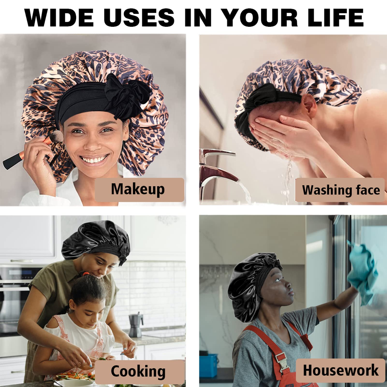 Women Satin Bonnet, Large Satin Bonnets for Braids Jumbo Size Silk Bonnet For Sleeping, Black Women Hair Bonnet with Stretchy Tie Band Sleep Bonnet Cap for Long Curly Hair Braid (Black & Leopard)