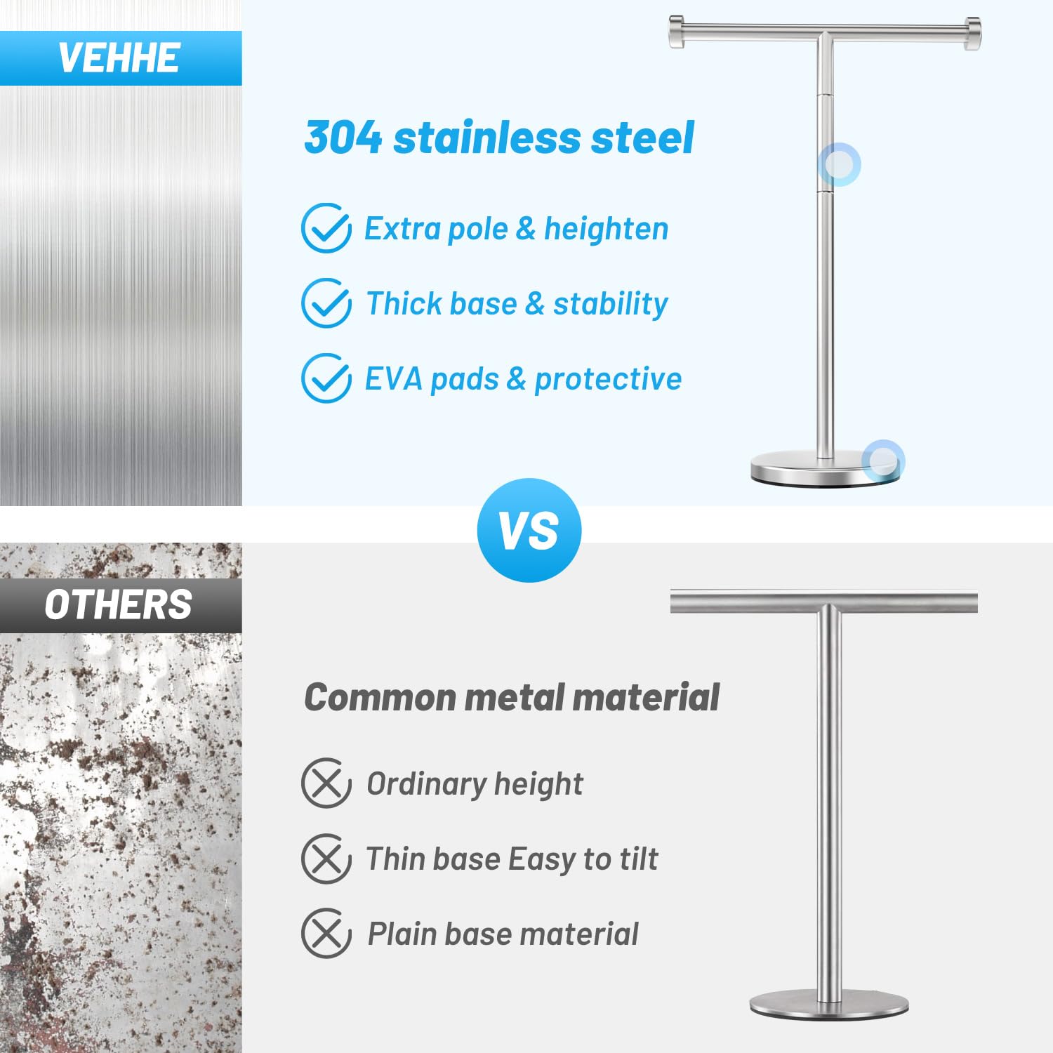 VEHHE T-Shape Hand Towel Holder for Bathroom, Height Adjustable Hand Towel Stand, SUS304 Stainless Steel Towel Holder Stand Non-Slip for Adults, Children(Silver)