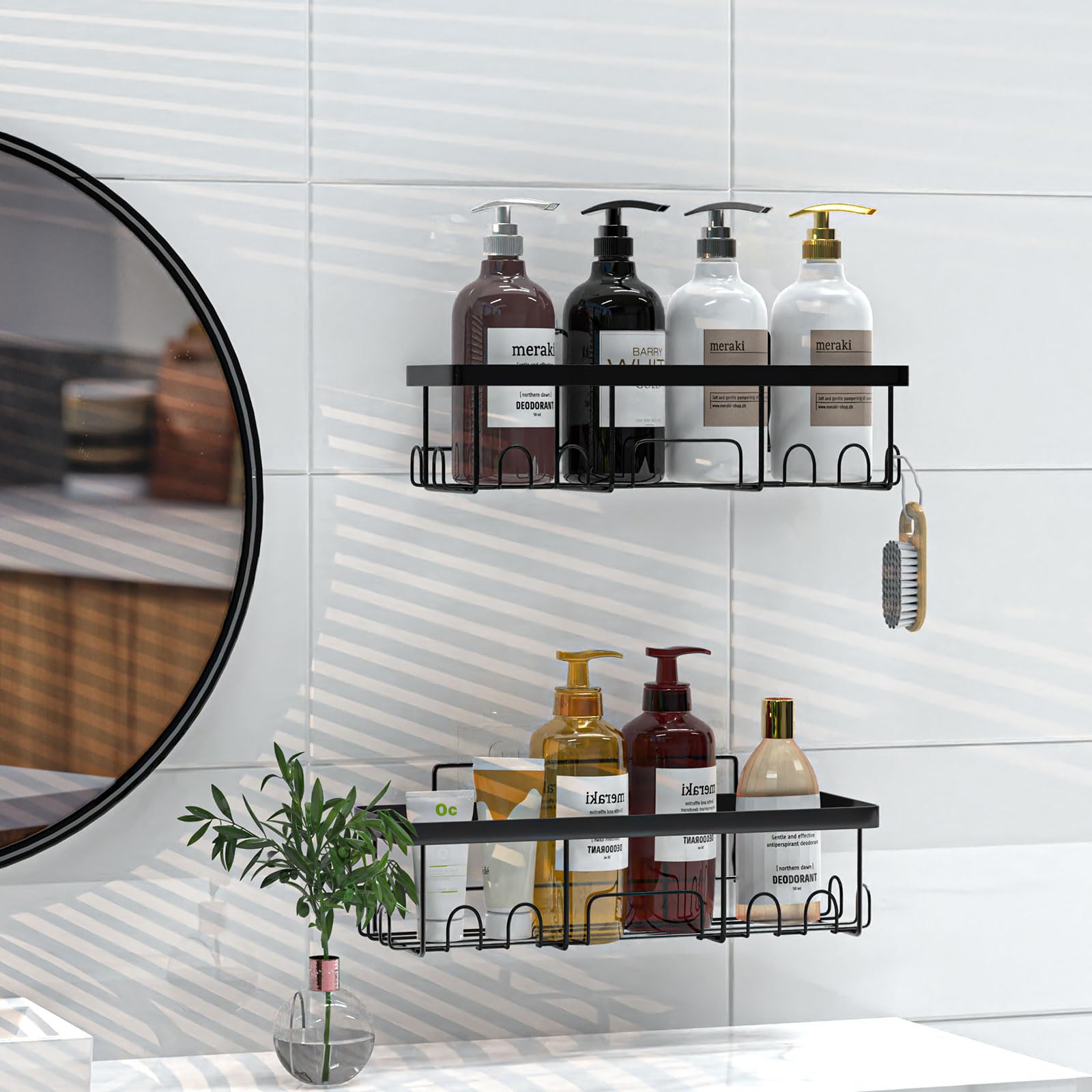 UenCirbsk Adhesive Shower Caddy,Extra Large Bathroom Shelves,2 Pack Shower Organizer,No Drilling Floating Shelves For Wall, Black shelves easy to install for Bathroom Storage & Home Decor