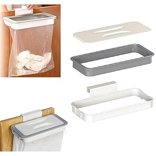 Over The Cabinet Door Garbage Holder Wastebaskets Trash Rack Cupboard Storage Hanger Waste Bins Basket Hanging Trash Can Rubbish Rack Portable Hanging Organizer Trash Bag Holder with Lid (white)