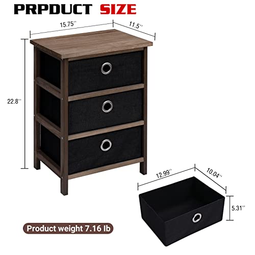 NO MORE TAG Nightstand with 3 Fabric Drawers, Fabric Dresser, Fabric Night Stand, Bedside Table for Small Place, Bedroom, Wood Top&Easy Pull Fabric Bins, Brown & Black