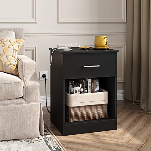 Reettic Set of 2 Nightstand with Charging Station and USB Ports & Power Outlets, Wooden End Table with Drawer and Opening Shelf, Side Table for Bedroom, Black RCTG101BE02