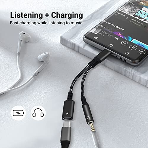 USB C to 3.5mm Headphone and Charger Adapter, 2 in 1 USB C Splitter to Audio Jack & Dongle Cable, Compatible with Samsung Galaxy S21 S21+ S22, Note 20 10, Google Pixel 2 3 4 XL