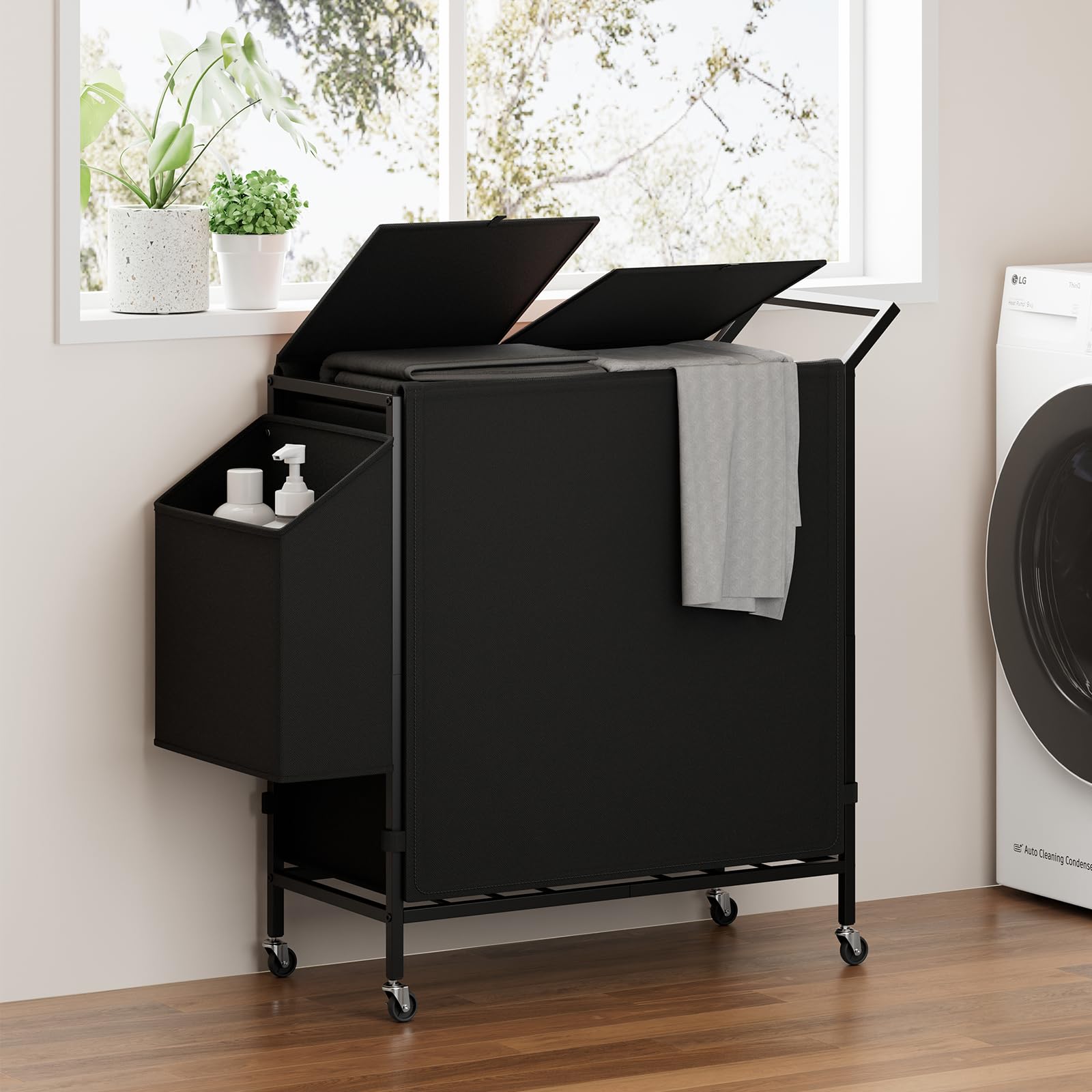 SweetMemo Rolling Laundry Basket with Wheels and Lids, 2 Section Laundry Hamper On Wheels, Heavy Duty Industrial Wheeled Clothes Hampers, Black