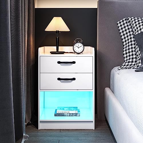 White Nightstand Set of 2 with Charging Station and LED Lights, Modern End Side Table with 2 Drawers and Open Storage for Living Room, Night Stands for Bedrooms Set of 2 White