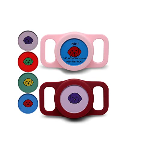 Writable Round Dog ID Tag Name Address Phone Number Tags Collar Pendant Accessories Compatible with Apple Airtag Tracker, Silicone AirTag Case Pet Collar,Tags Round Paper Tags to Write,Wine Red Pink