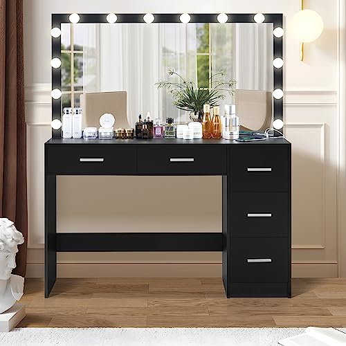usikey 47.2" Large Vanity Desk with Large Lighted Mirror, 14 Lights, Makeup Vanity Table with 5 Large Drawers & Charging Station, Makeup Vanity Desk, Vanity Table Set for Bedroom, Black