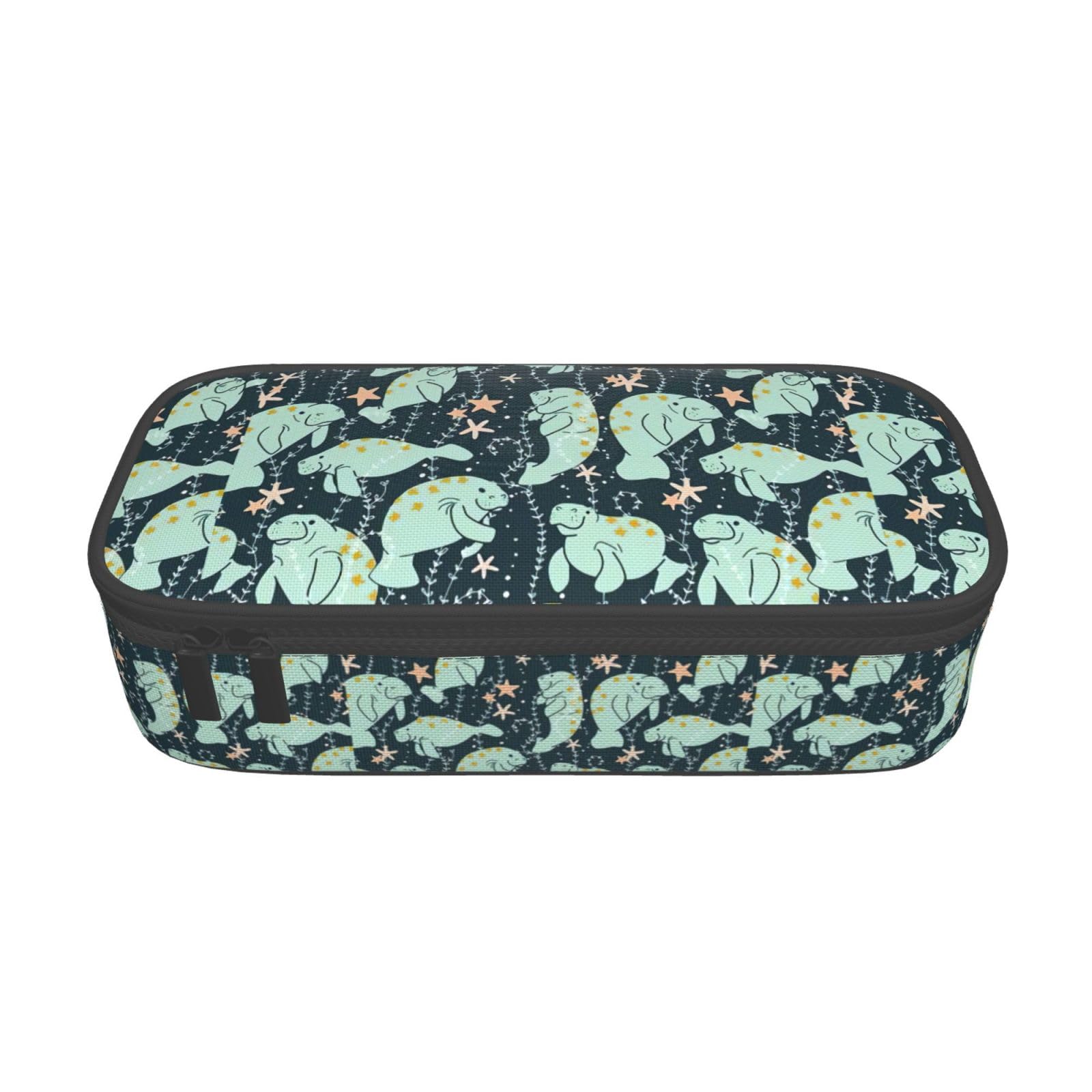 QHWLR Manatee Animals Calf print Pencil Case Large Capacity Pen Pouch for interlayer Adults Cosmetic Bag Supplies , Black