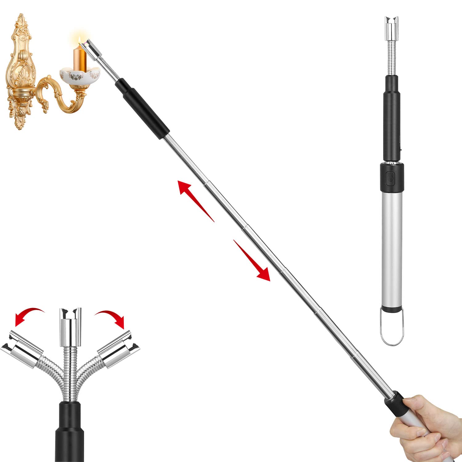 Flahonka Electric Arc Long Lighter, Retractable Cool Lighter with A Length of 11.4in-27.55in, Rechargeable Long Neck Lighter Extra Long Lighter for Candles Kitchen Fireplaces Fire Pits (Silver)
