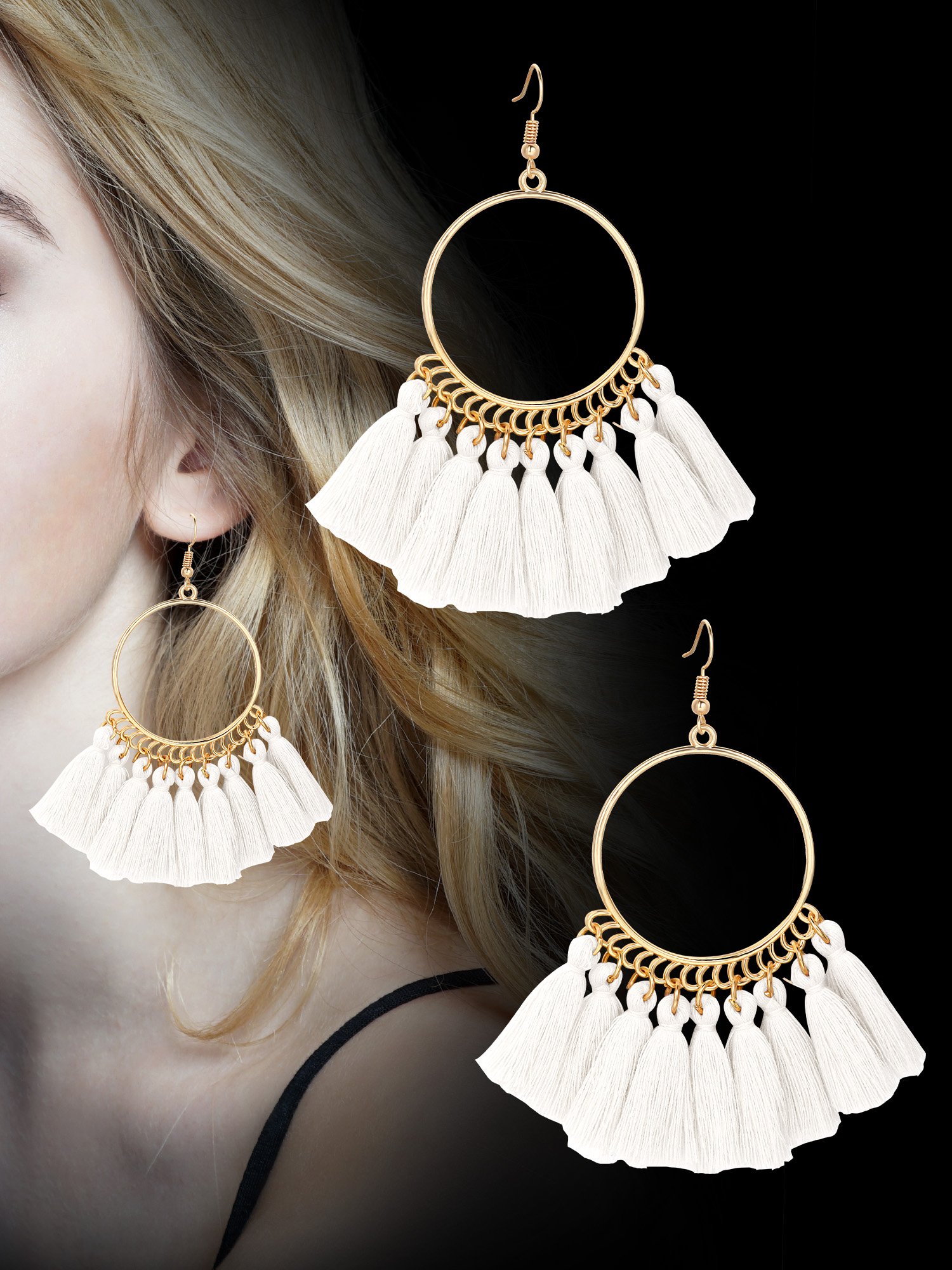 Gejoy Tassel Hoop Earrings Fan-shaped Drop Earrings Dangle Eardrop for Women Party Bohemia Dress Accessory, 3 Pairs