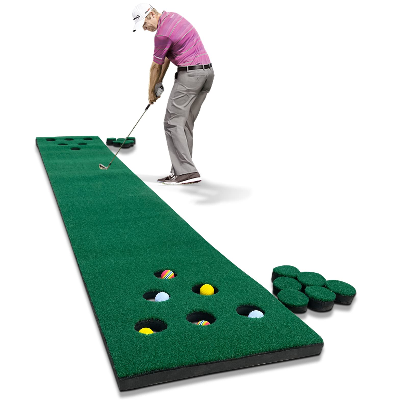Golf Putting Green Mat, Home Golf Putting Mats, Foldable Golf Mat Golf Training Aid Practice Mat, Golf Putting Game Set with 6 Golf Balls 12 Hole Covers, Golf Gifts, 9.84ft x 1.64ft (Flannelette)