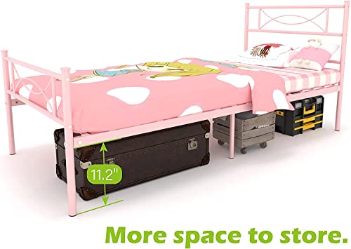 Pink Twin Bed Frame for Girls, Bed Mattress Foundation Support with Headboard and Footboard No Box Spring Need Metal Platform Bed