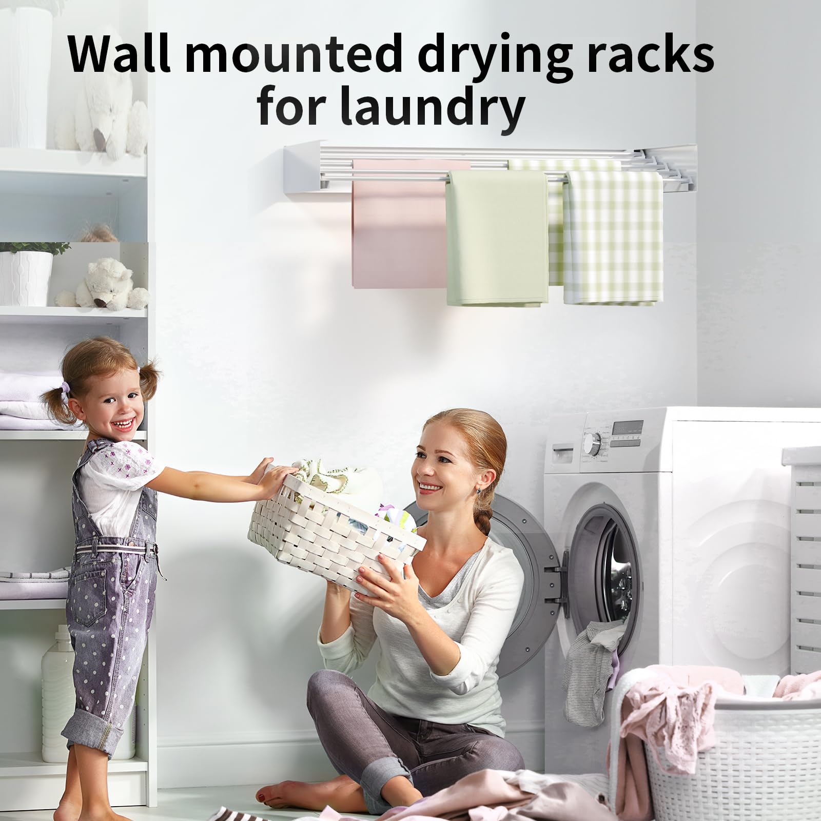 QIICMER Drying Rack Clothing,Wall Mounted Drying Rack,Collapsible Drying Racks for Laundry,Retractable Clothes Drying Rack, Laundry Space Saver Wall Mounted Rack,60 lb Capacity(White 31.5")